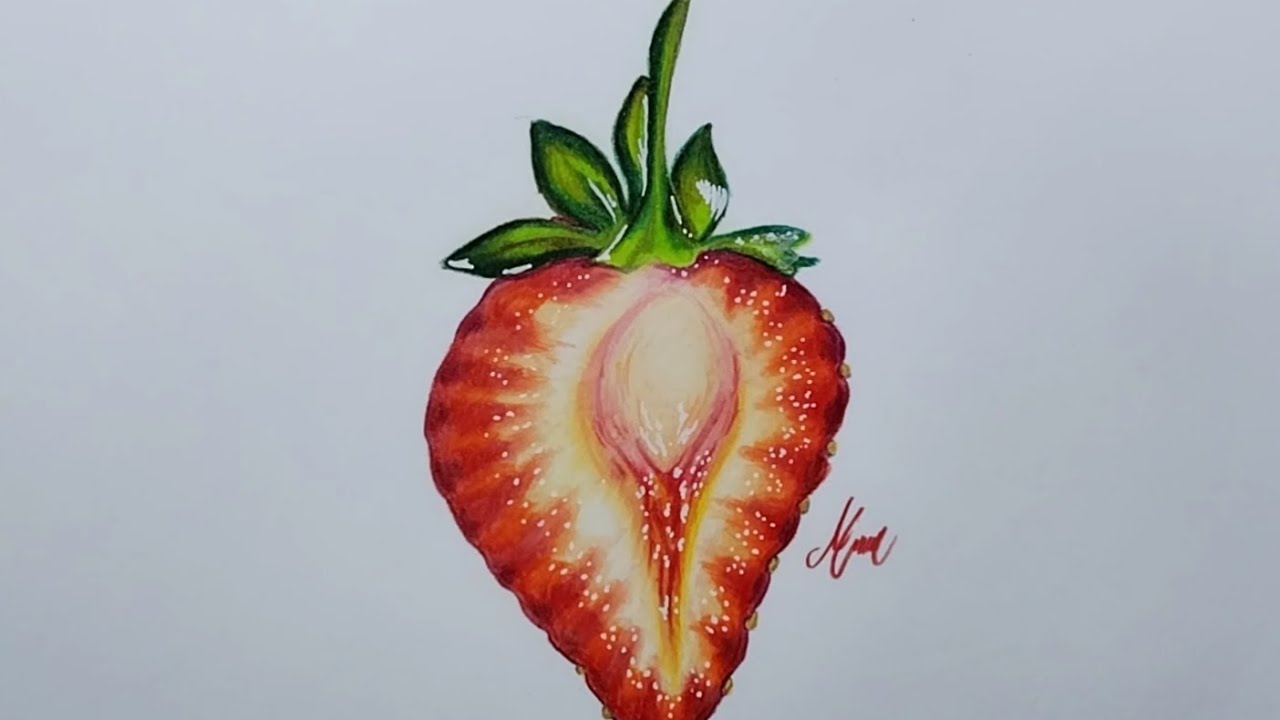 como dibujar una fresa partida ala mitad con lápices de colores ...