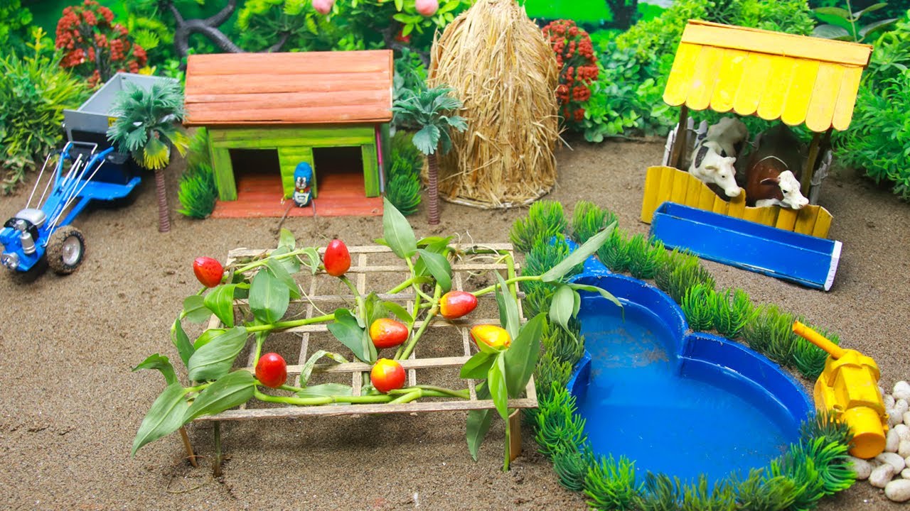 DIY Farm Diorama with house for cow, barn | mini hand pump supply water ...