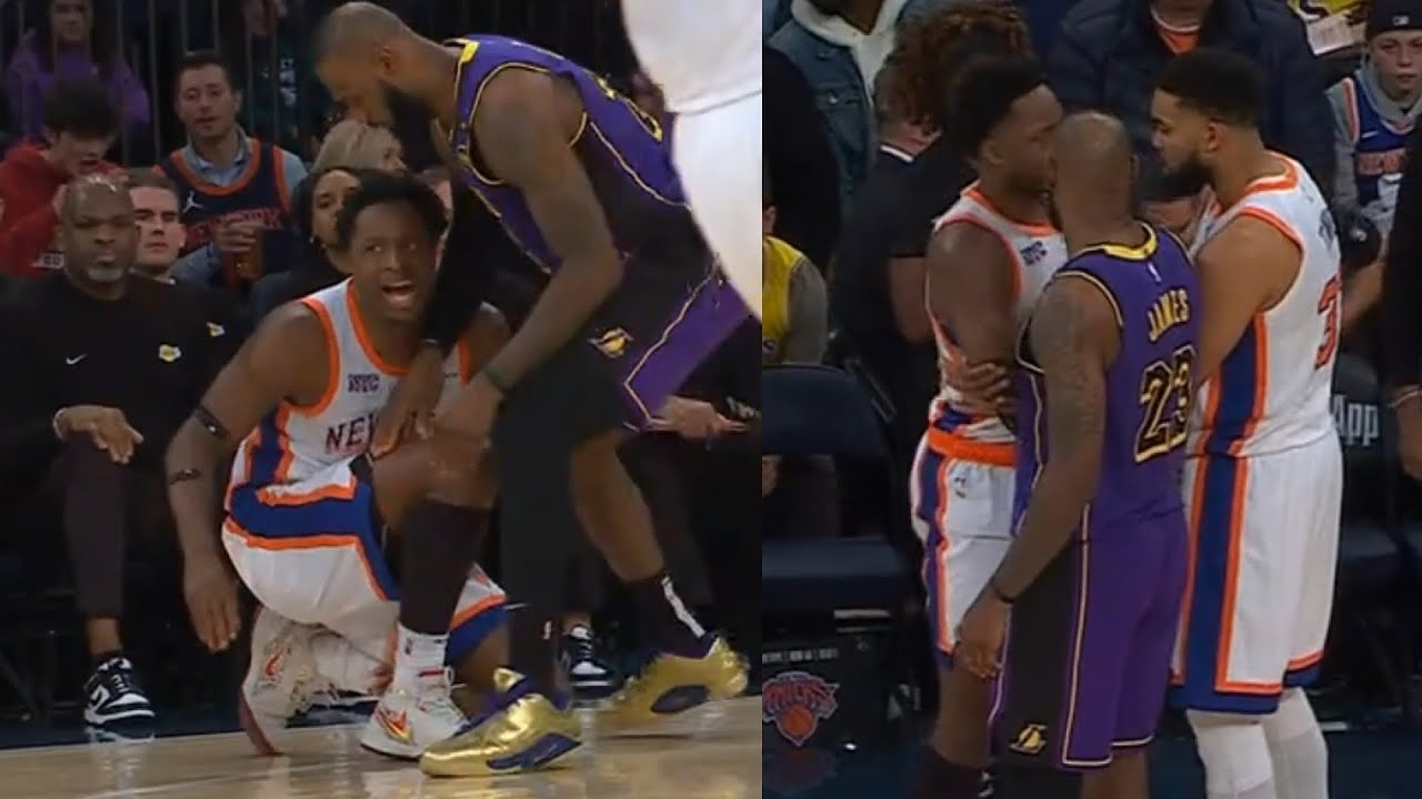LeBron and KAT hold up OG Anunoby after non-contact leg injury vs ...