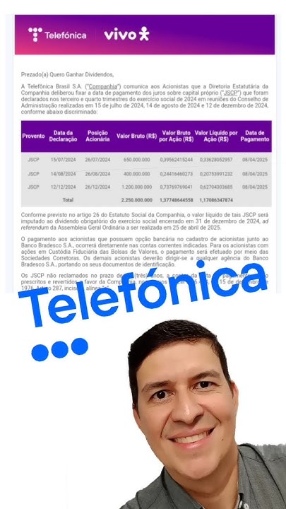 Telefonica Brasil Vivo anuncia data de pagamento de JCP!! #Telefonica #Vivo #VIVT3 #Dividendos # ...