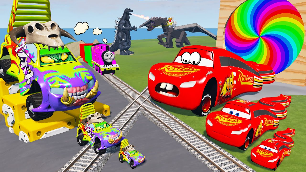 Big & Small Long Cars with Long Lightning Mcqueen and Train - Giant ...