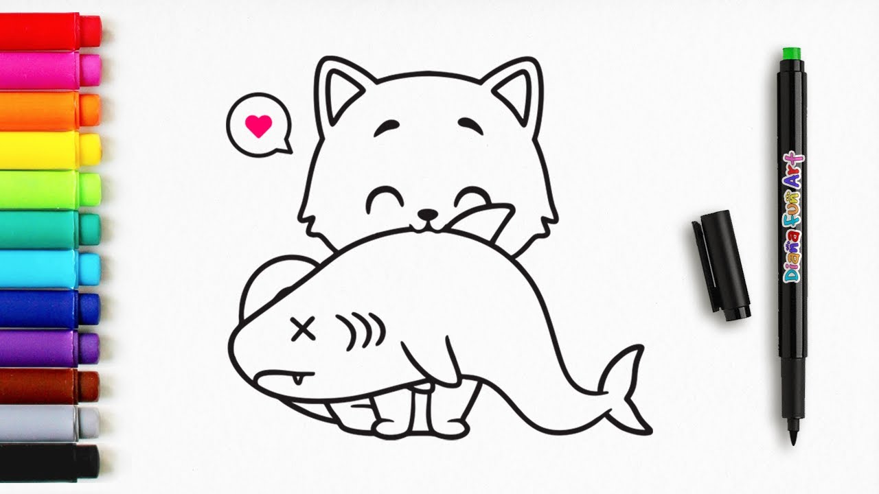 How to Draw a Cute Cat | Cute Cat Bite Shark Fish - YouTube