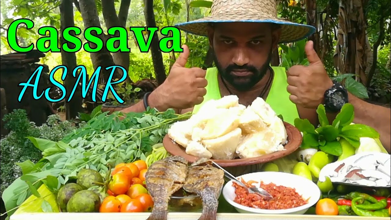 Cassava with fried fish, chili salt sauce and coconut/ Food eating show ...