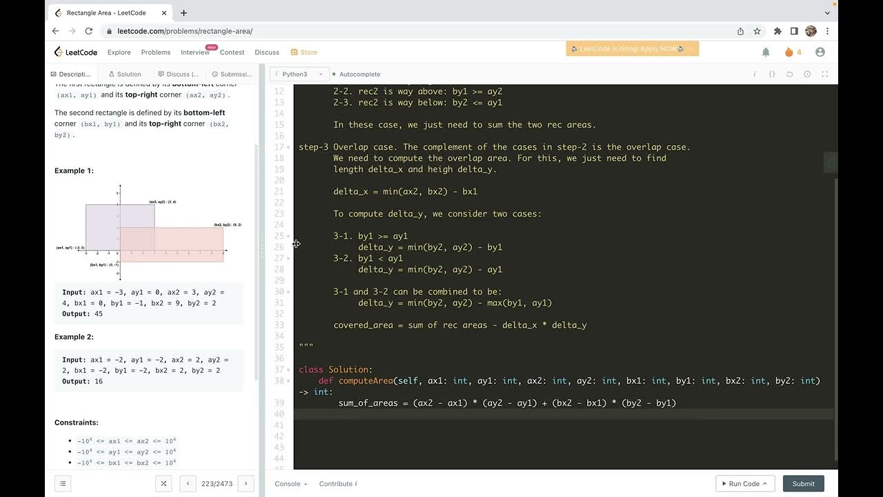 leetcode 223. Rectangle Area - method of reduction - YouTube