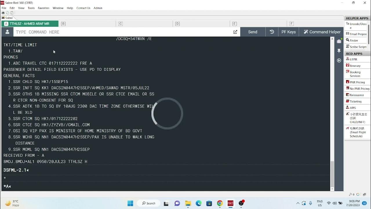 SABRE GDS TRAINING GUIDE LESSON -3: OSI,SSR,APIS, Passenger E-Mail & Contact Number Insert ...