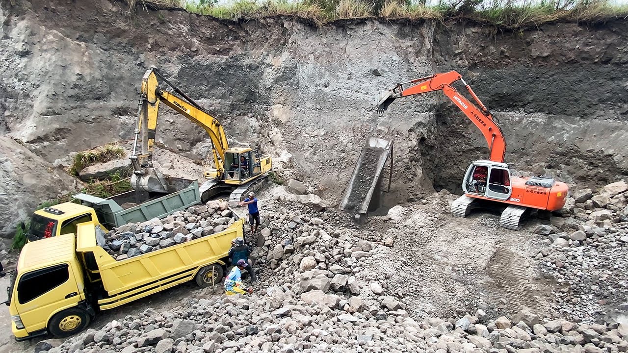 Komatsu PC200-6 & Hitachi EX200 Excavator Loading Trucks - Sand Quarry ...