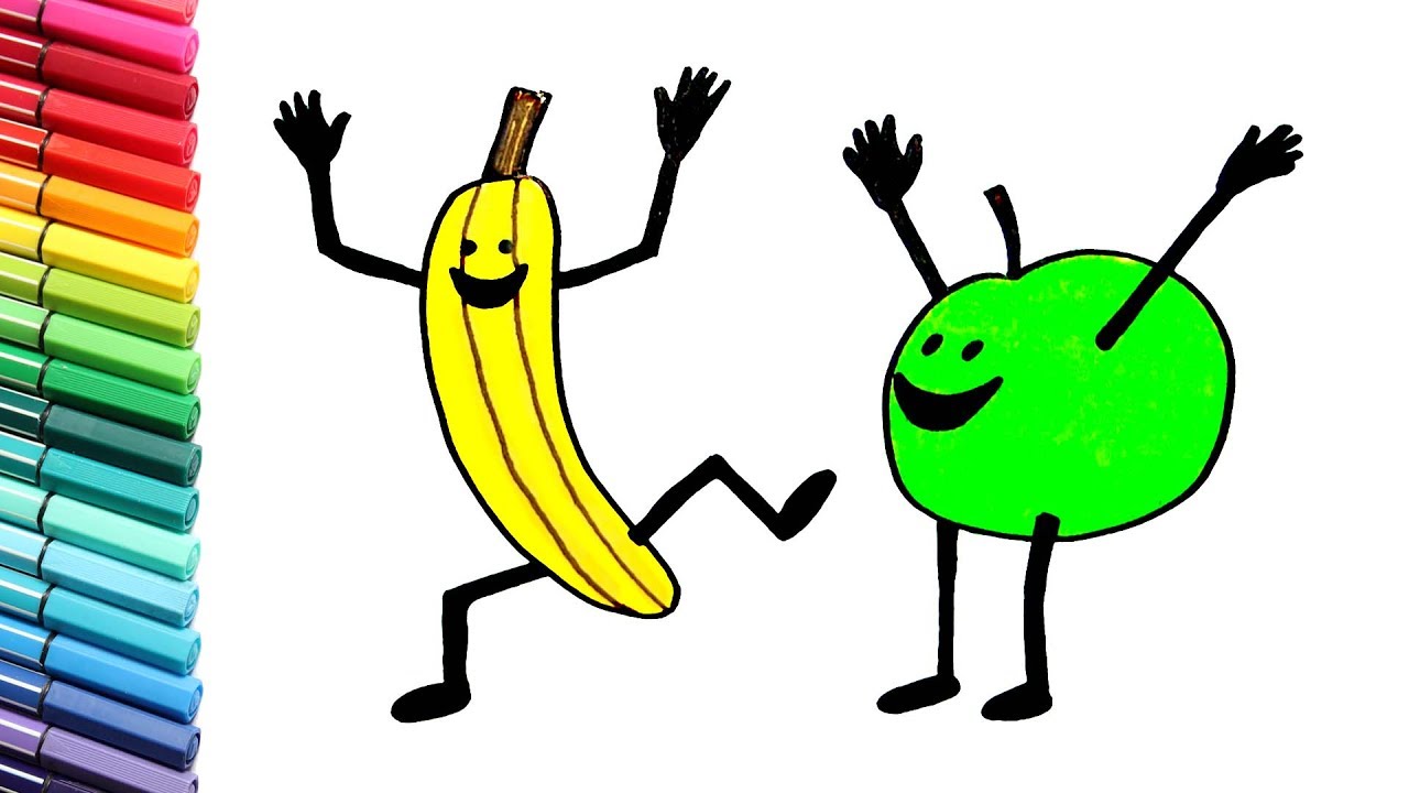 FRUITY FRIENDS -How To Draw And Color Funny Fruits apple and Banana ...