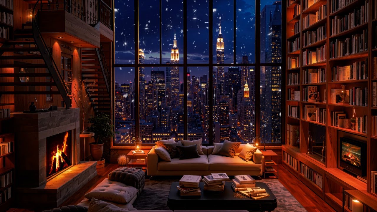 Snowy in Cozy Night Ambience ☕ Rhythmic and Smooth Jazz Music in ...