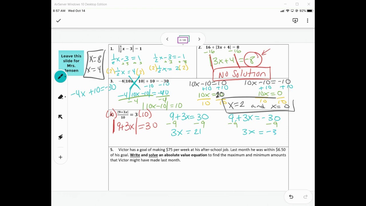 1-4 Solving Absolute Value Equations - in-class practice problems CP ...