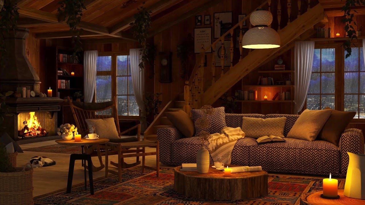 Thunderstorm Sounds And Crackling Fireplace At Cozy Cabin Ambience Youtube