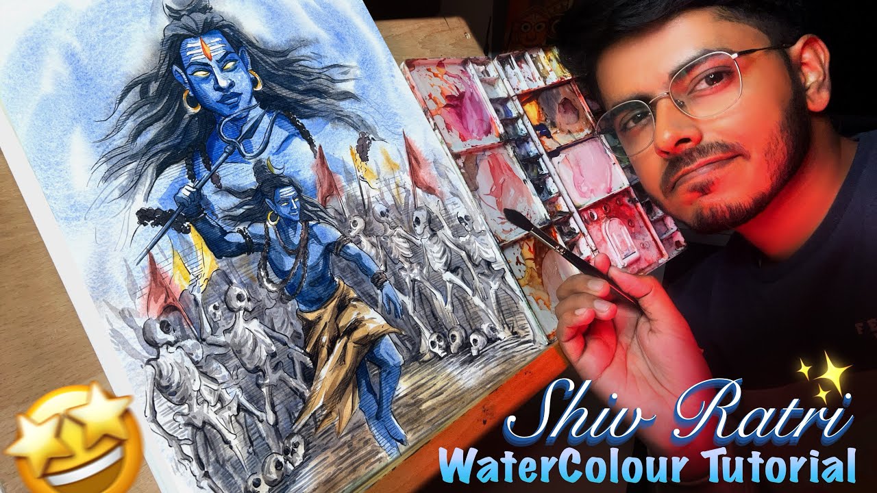Shiv Ratri WaterColour Painting Tutorial // Mahakumbh Drawing - YouTube