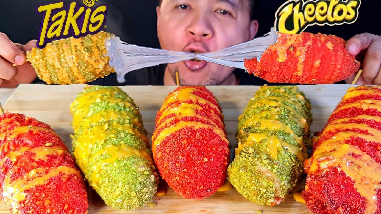 ASMR EATING CORN DOGS KOREAN CHEESE HOTDOGS CHEETOS and TAKIS FLAVORS ...