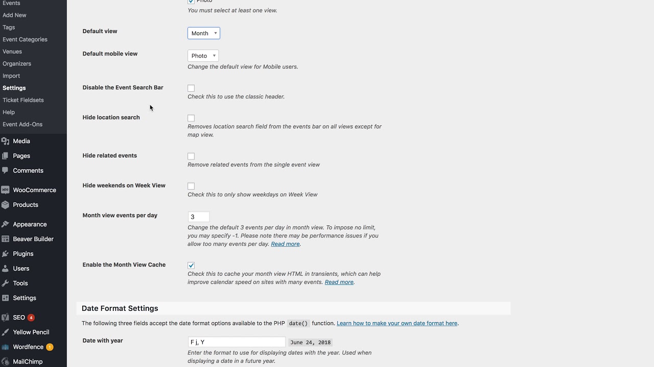 The Events Calendar Pro plugin settings in WordPress - YouTube