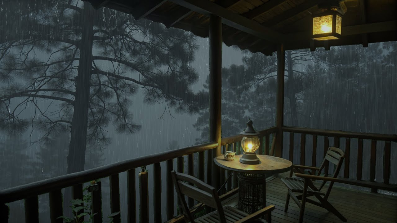 A rainy night in a little wooden house - Heavy rain covered the whole ...