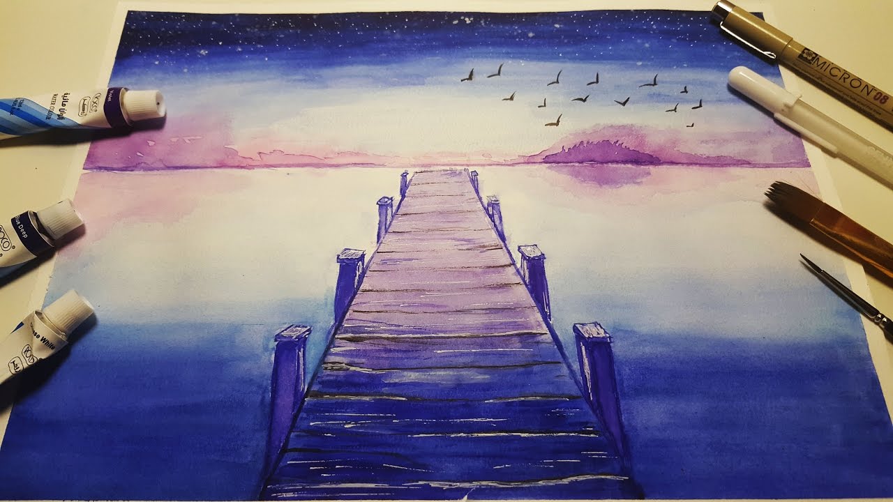 Watercolor sea bridge Painting - YouTube