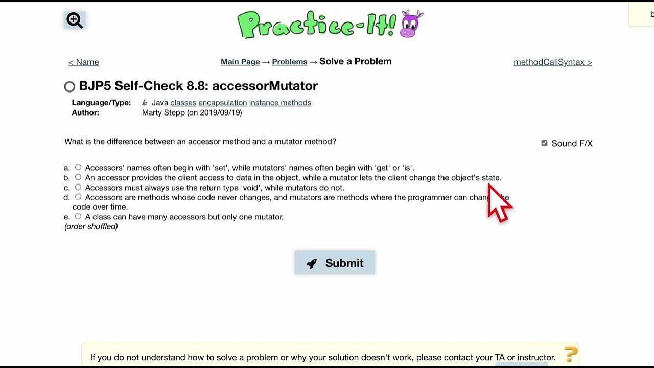 Java Practice It | Self-Check 8.8: accessorMutator | classes, encapsulation, instance methods ...