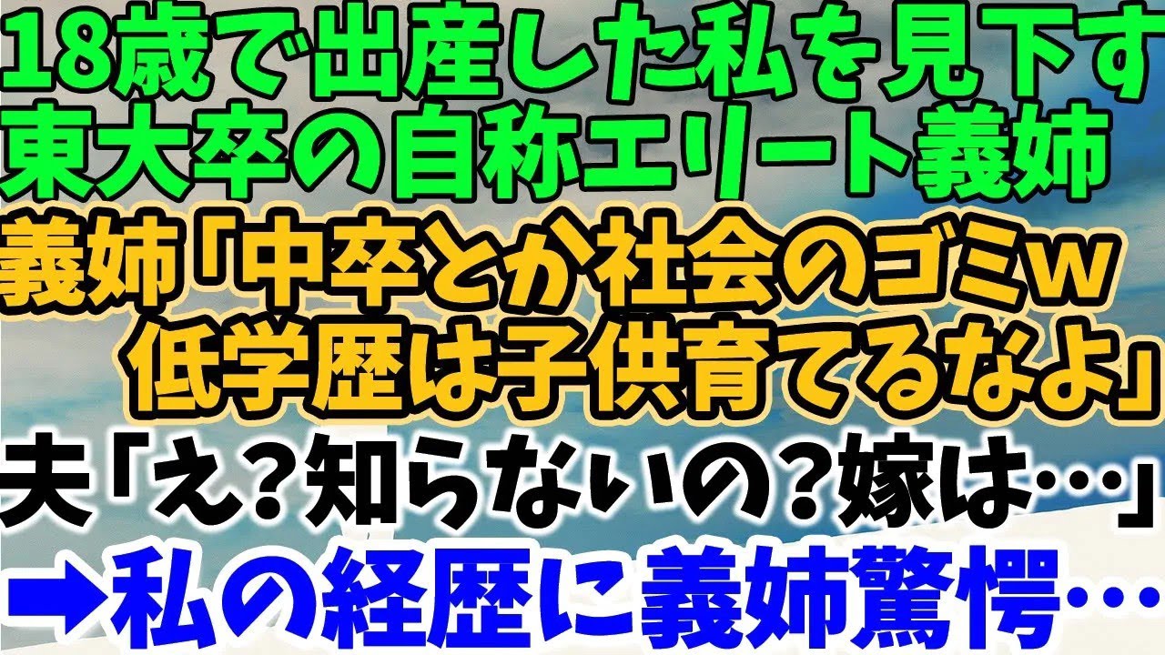 【スカッとする話】18歳で出産した私を見下す 東大卒の自称エリート義姉 義姉「中卒とか社会のゴミw 低学歴は子供育てるなよ」 夫「え?知らない