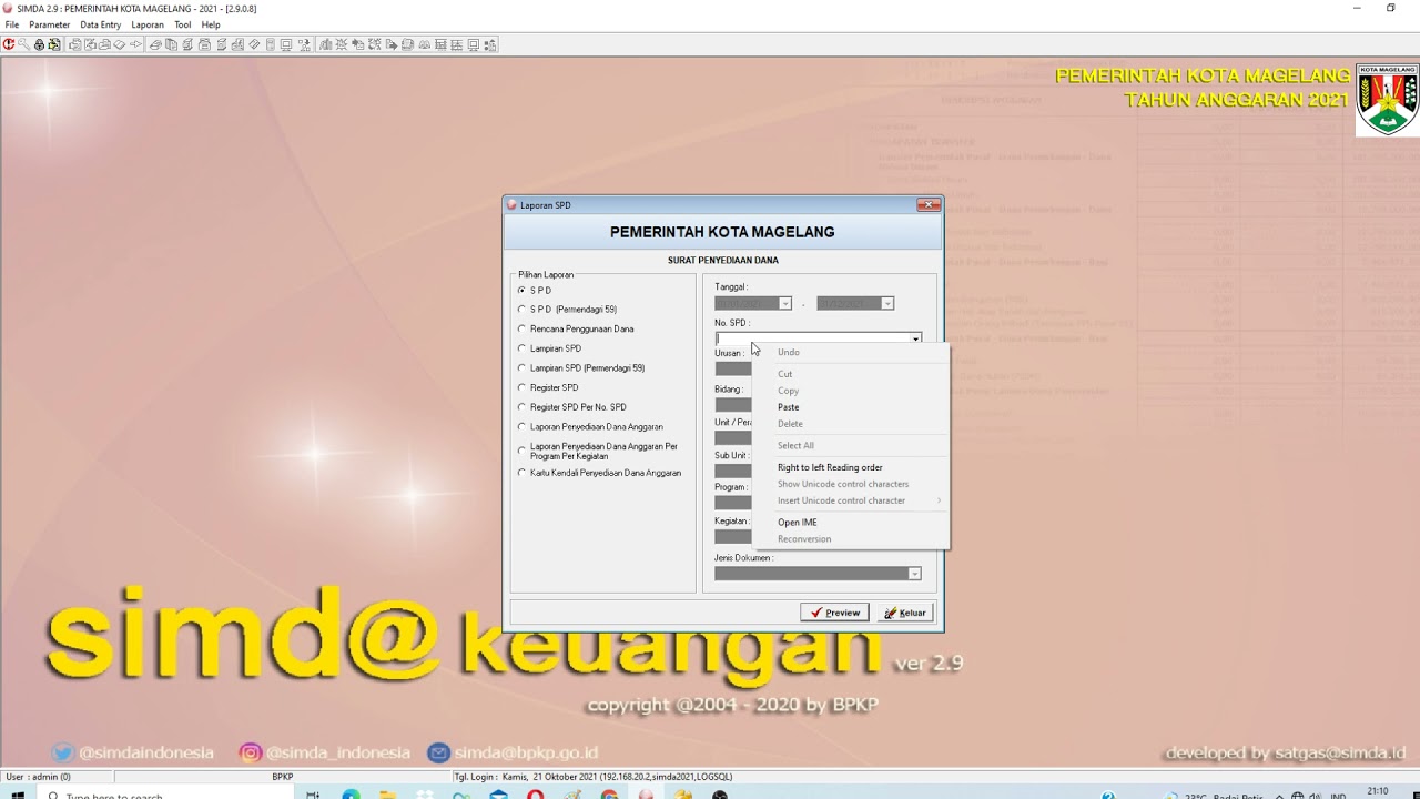 Cara Cetak SPD perubahan 2021 di simda - YouTube