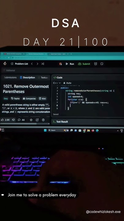 Day 21/100 |Learning DSA👨‍💻Que:[Leetcode1021:Remove outermost parenthesis] #dsa #dsallvideos # ...