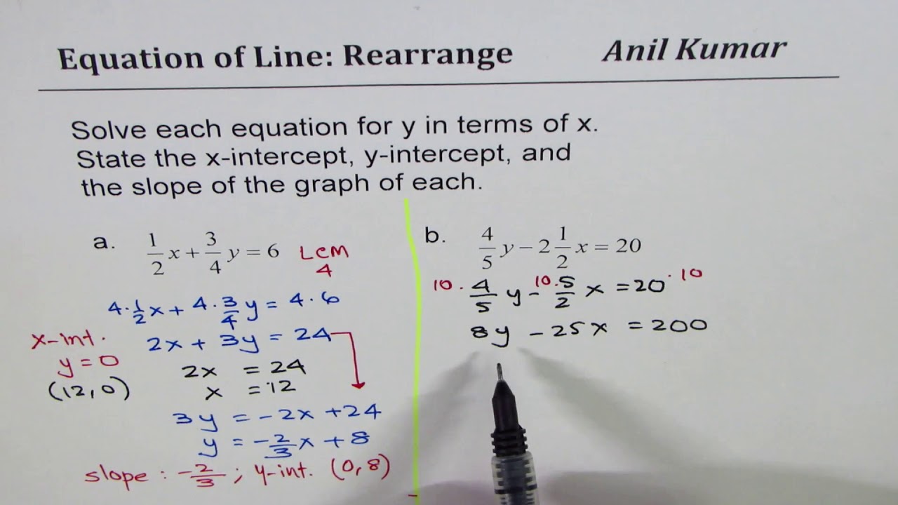 Find Slope And Intercepts From Linear Equation With Fractions X 2 3y 4