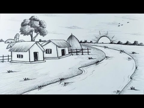 How to draw a village landscape with pencil//Pencil sketch scenery ...
