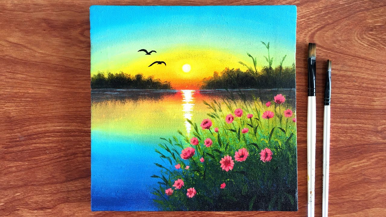 Evening Sunset Scene Landscape Painting on Canvas | Acrylic Painting ...