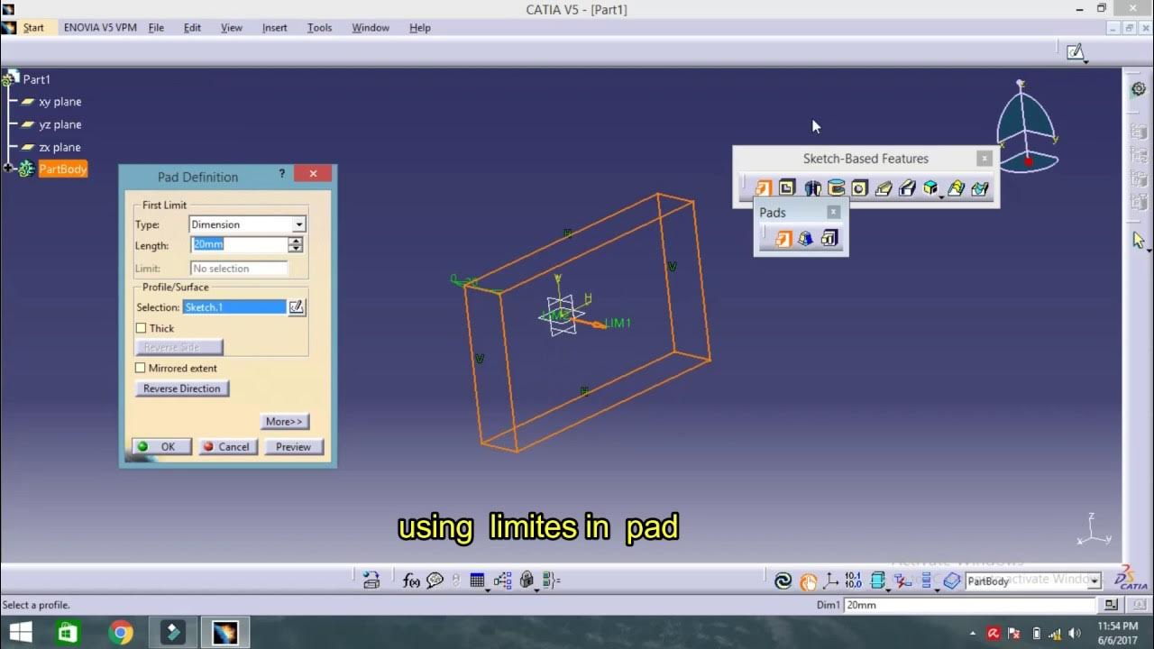 PART DESIGN : mirror extent, Normal to profile options in pad (CATIA V5) - YouTube