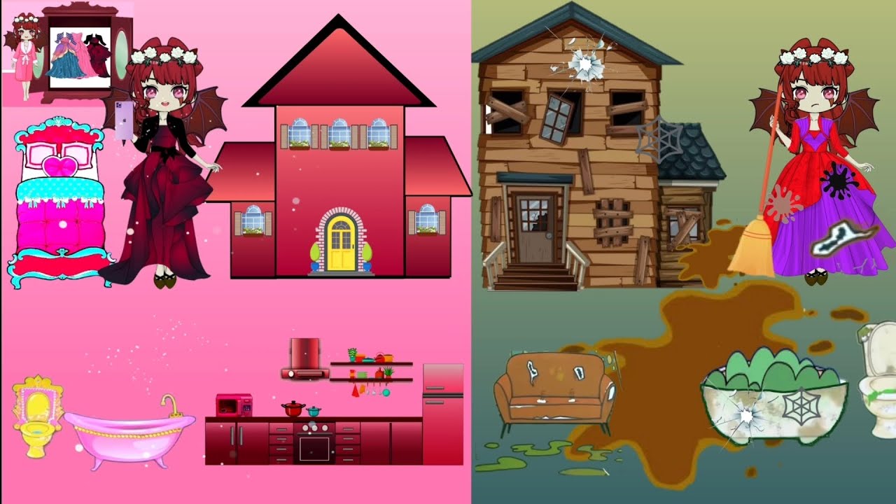Poor to Rich Barbie/paper doll.Old to new house for vampire doll ...