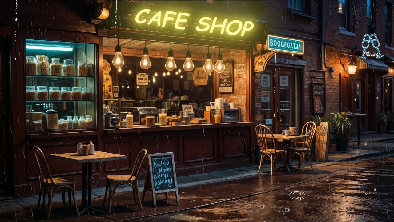 Rainy Coffee Shop Ambience with Fireflies for Study and Relaxation ️🎄☕ ...