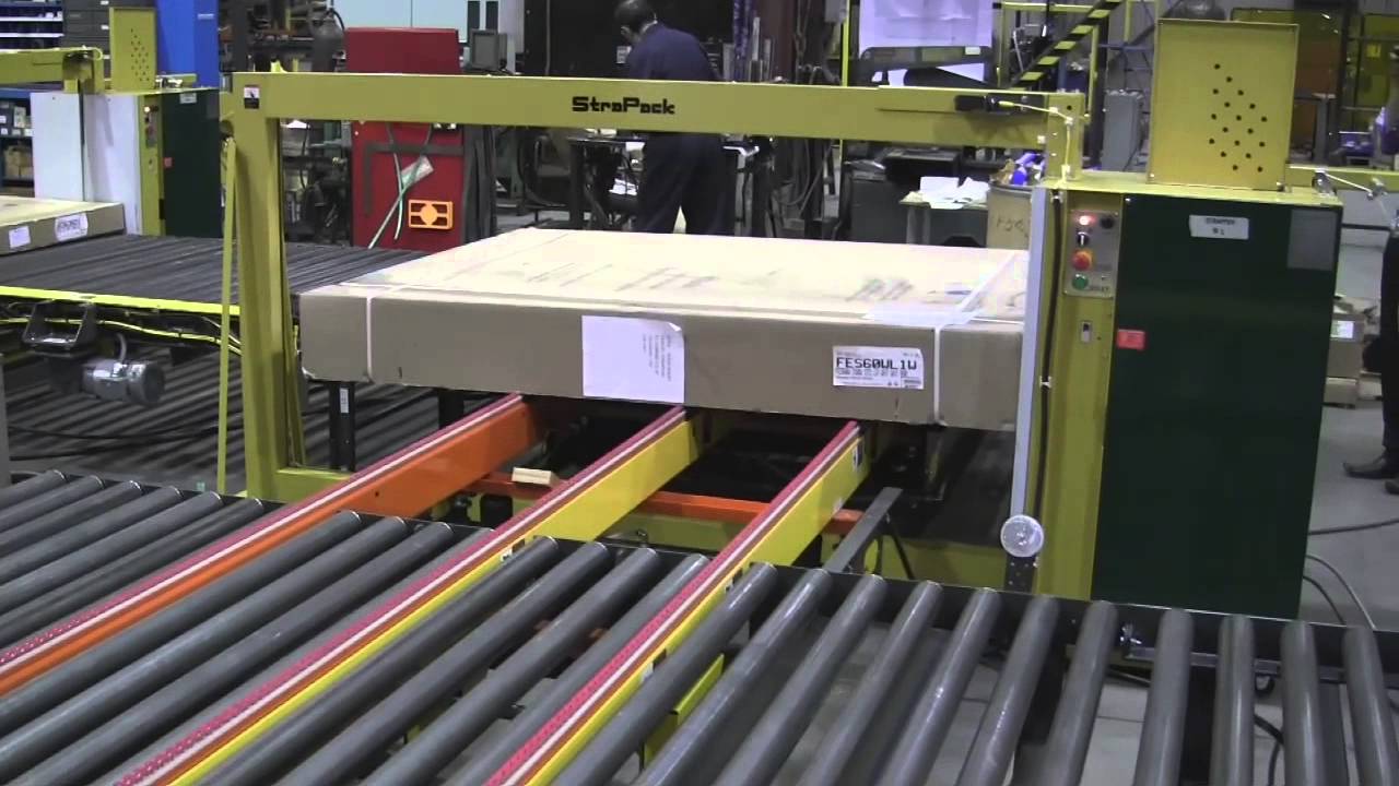 Wide Arch RQ-8 Plastic Strapping Machine Line with Conveyors - YouTube