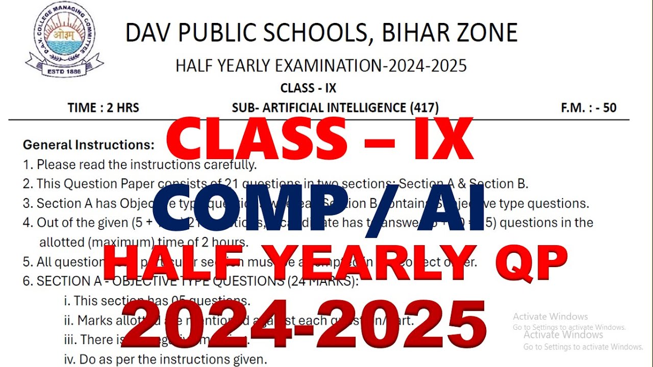 DAV CLASS 9 AI HALF YEARLY QUESTION PAPER | QUESTION PAPER | PREVIOUS ...