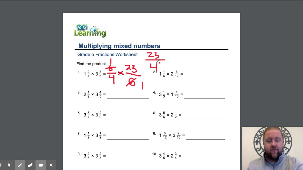 Grade 5 Fractions Worksheet - Multiplying mixed numbers - YouTube