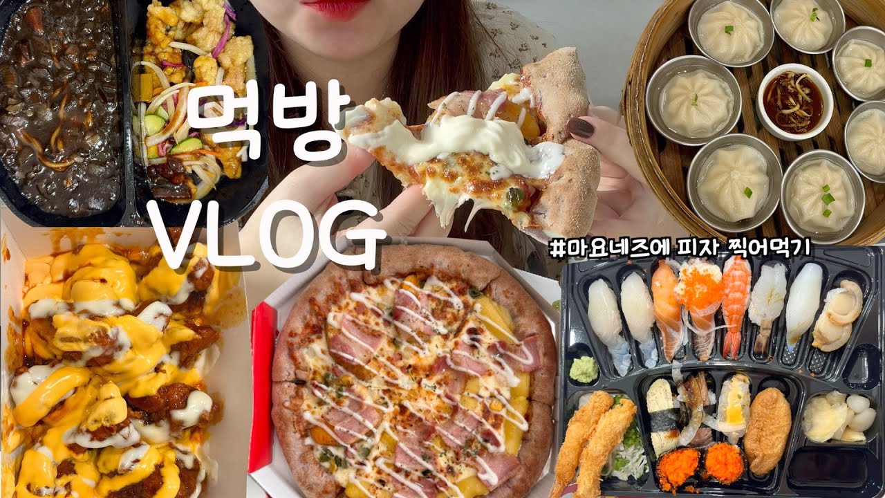 먹방브이로그 마요네즈에 피자 찍어먹기 🍕 피자는 소스빨 댄싱홍콩포테이토피자고구마피자짜장면탕수육초밥생생우동