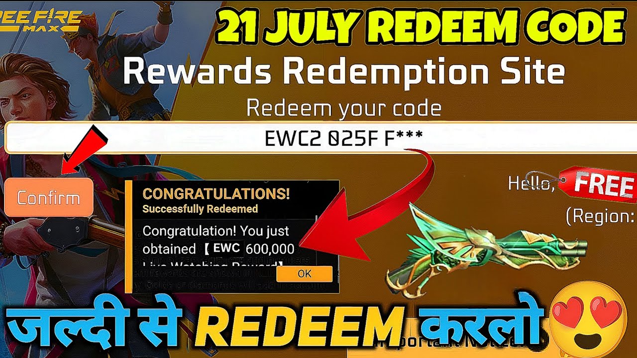FREE FIRE REDEEM CODE TODAY 21 JULY| FF REWARDS REDEEM CODE | FF REDEEM ...