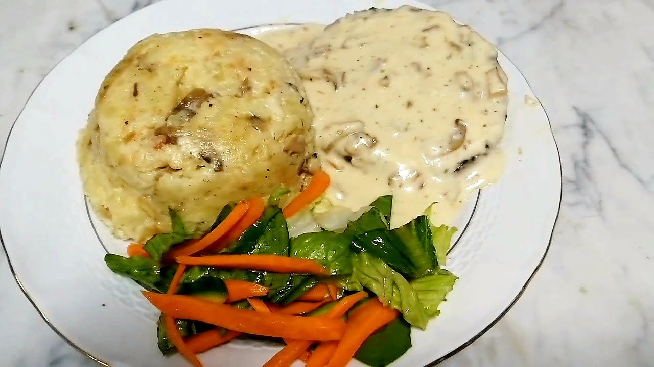 Mashed Potato & Burger Steak with Mushroom Gravy Recipe - YouTube