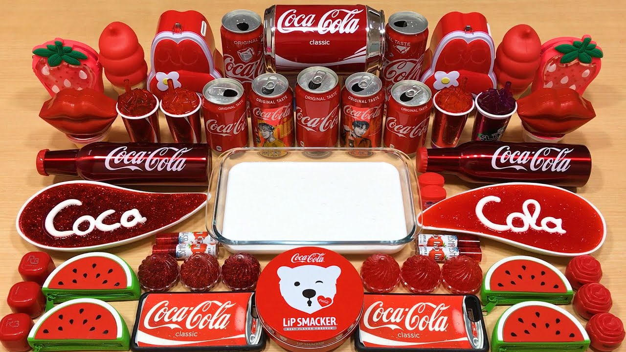 RED COCACOLA Slime ! Mixing Random Things into GLOSSY Slime ...