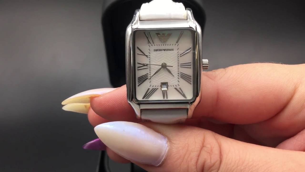 Armani Ladies White Rectangular Leather Strap Watch AR0420 - YouTube