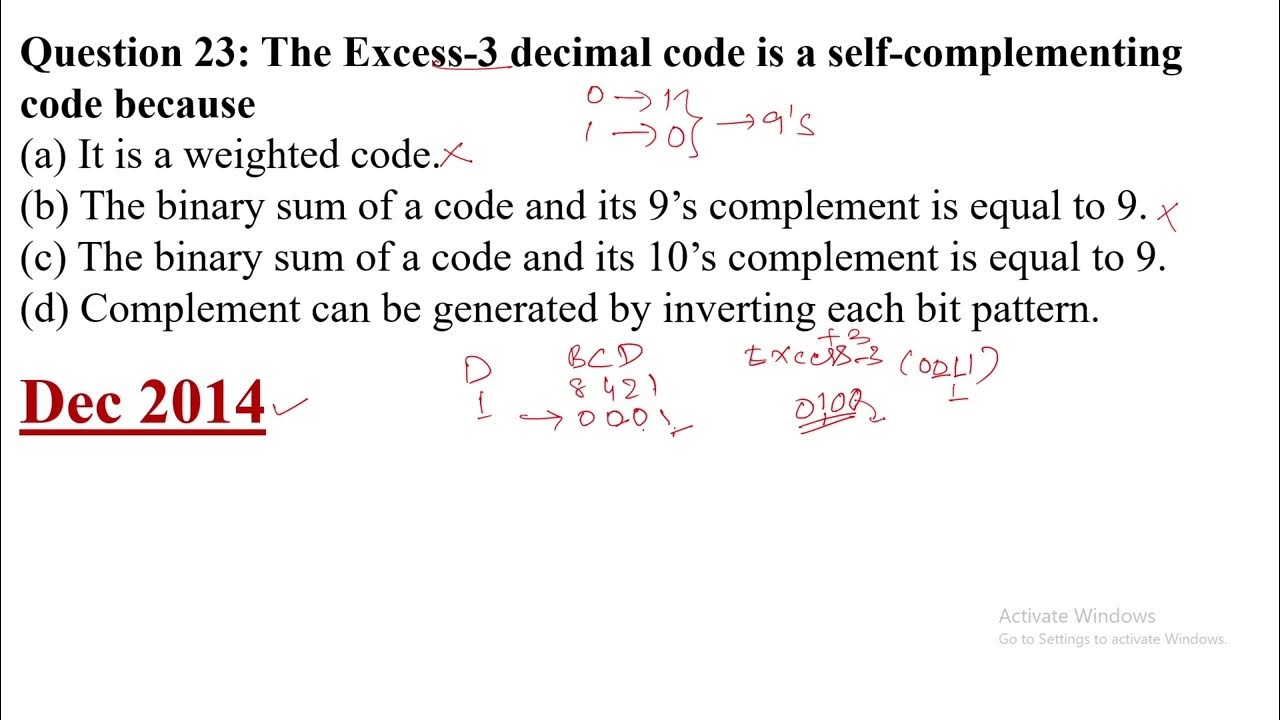 The Excess-3 decimal code is a self-complementing code because || UGC NET CS 2014 PYQ - YouTube