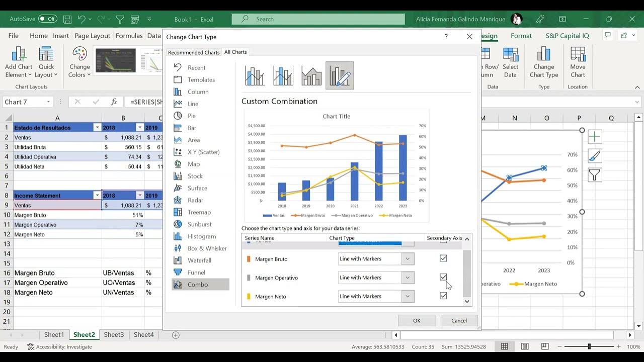 Cómo hacer una gráfica en Excel con 4 variables Porcentajes y $$ - YouTube