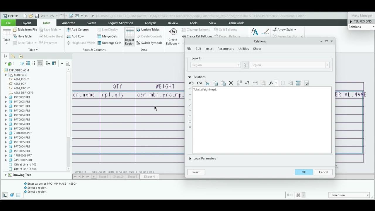 ENGR10 Create a Formula (Relations) to calculate numerical reports (Creo BOM Table) - YouTube