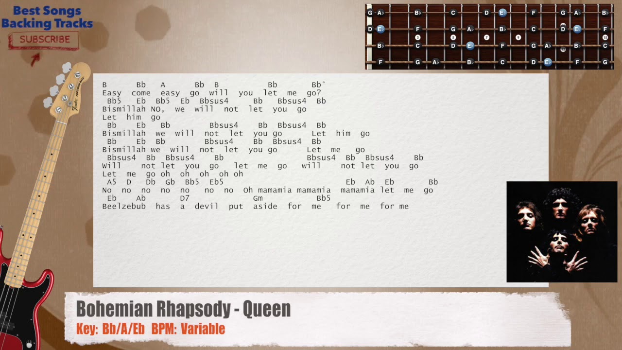 🎻 Bohemian Rhapsody - Queen Bass Backing Track with chords and lyrics ...