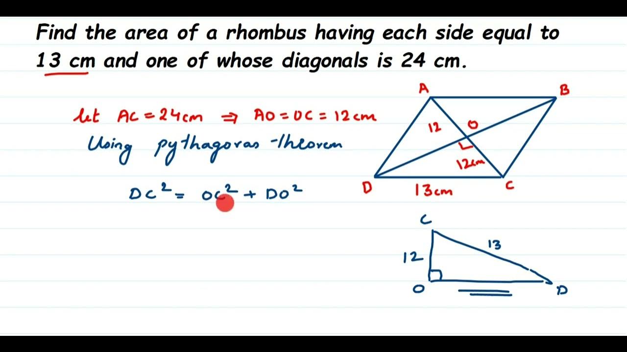 Find the area of a rhombus having each side equal to 13 cm and one of ...