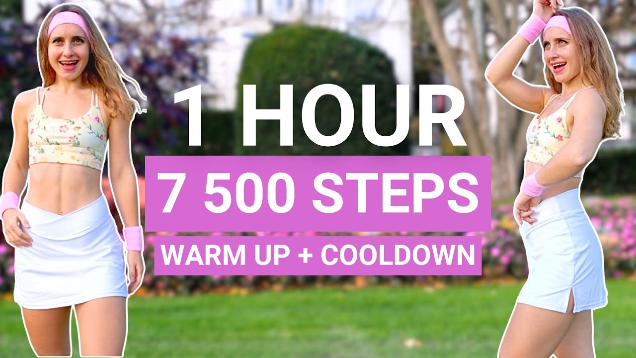 1 HOUR 7500 STEPS | no jumps fat-burning walking workout - warm up ...