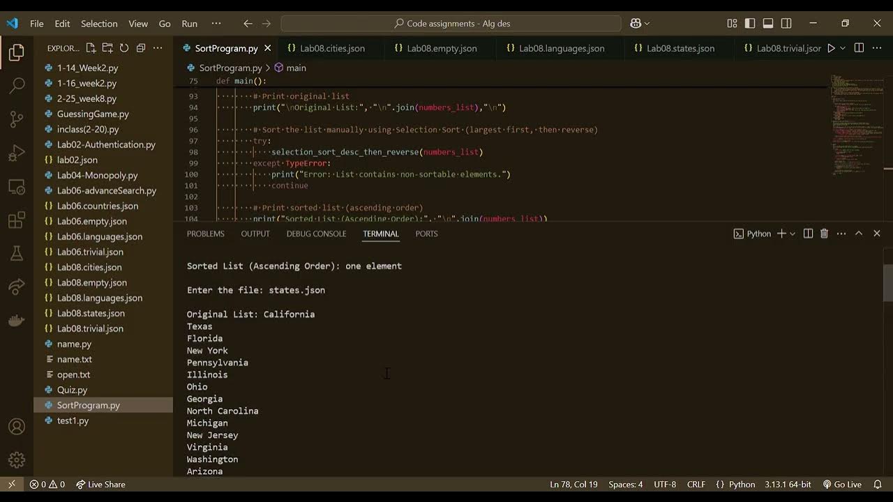 Lab - 08 Sorting Program | python |VSCode - YouTube