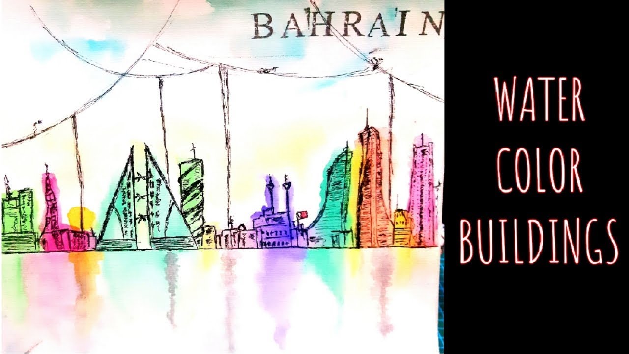 Urban Sketch-Water Color Buildings-Bahrain National Day 🇧🇭 #bahrain # ...
