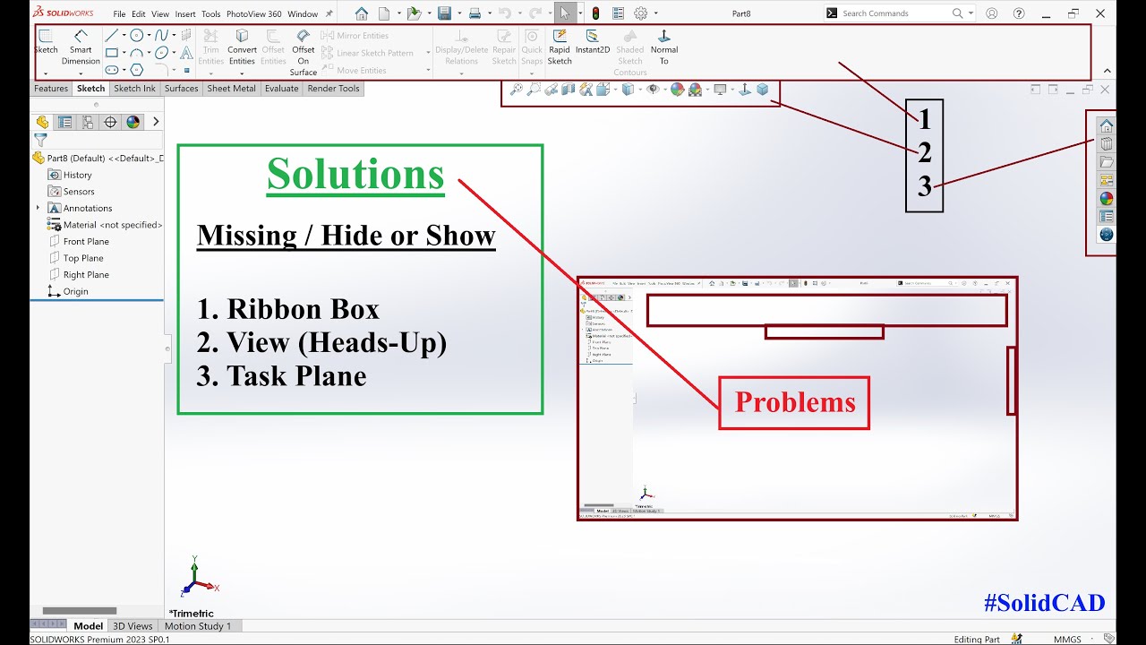 How to Show Ribbon, View(Head-Up), Task plane in Solidworks 2023 - YouTube