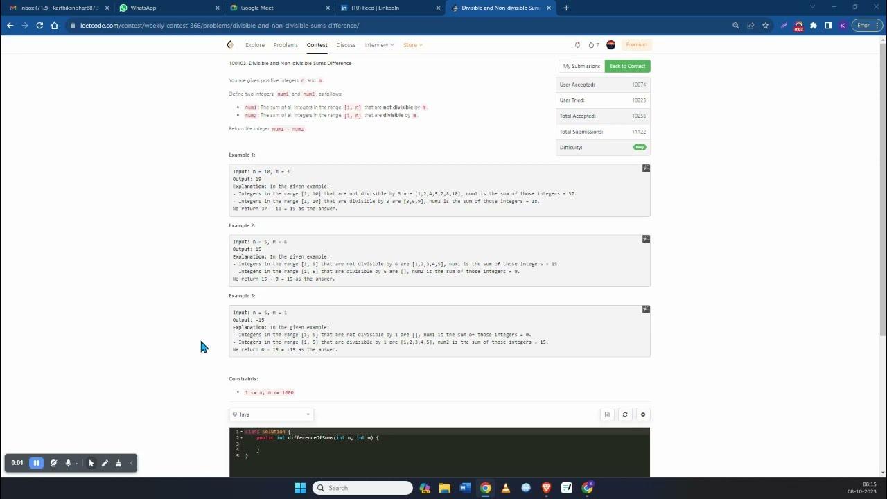 Divisible And Non Divisible Sums Difference Leetcode Contest Youtube
