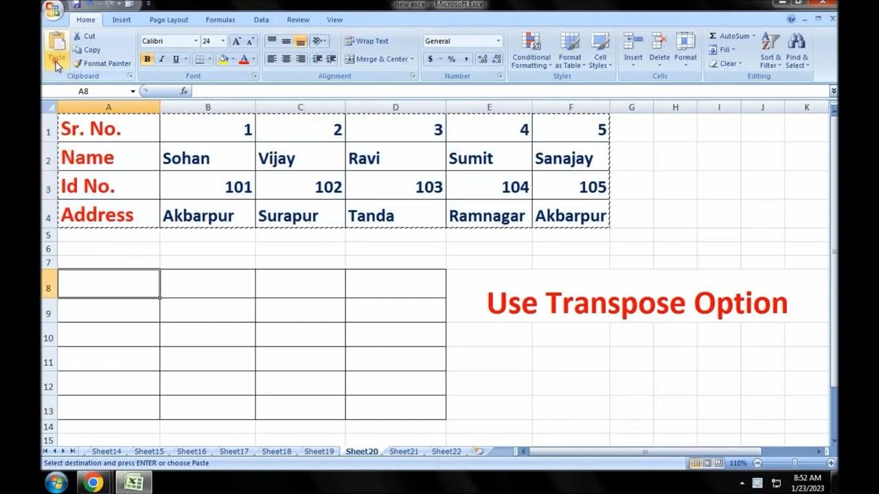 Use Transpose Option in Excel Hindi and English - YouTube