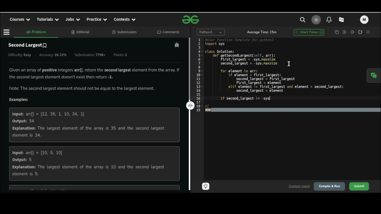 Second Largest | GeeksForGeeks | Problem of the Day | Python | C++ - YouTube
