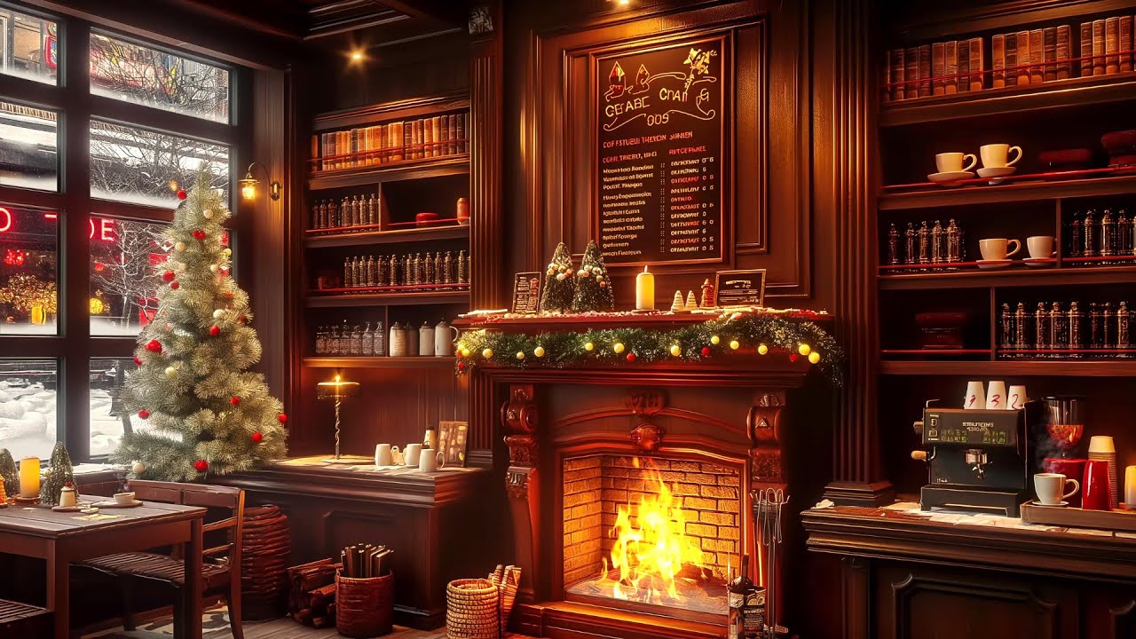 Winter Coffee Shop at Snowy Night with Relaxing Jazz Music, Snow ...
